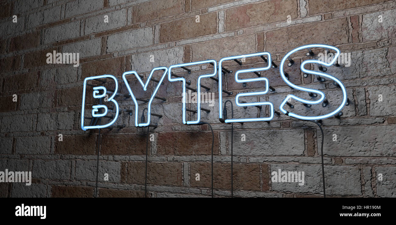 BYTES - Glowing Neon Sign on stonework wall - 3D rendered royalty free ...