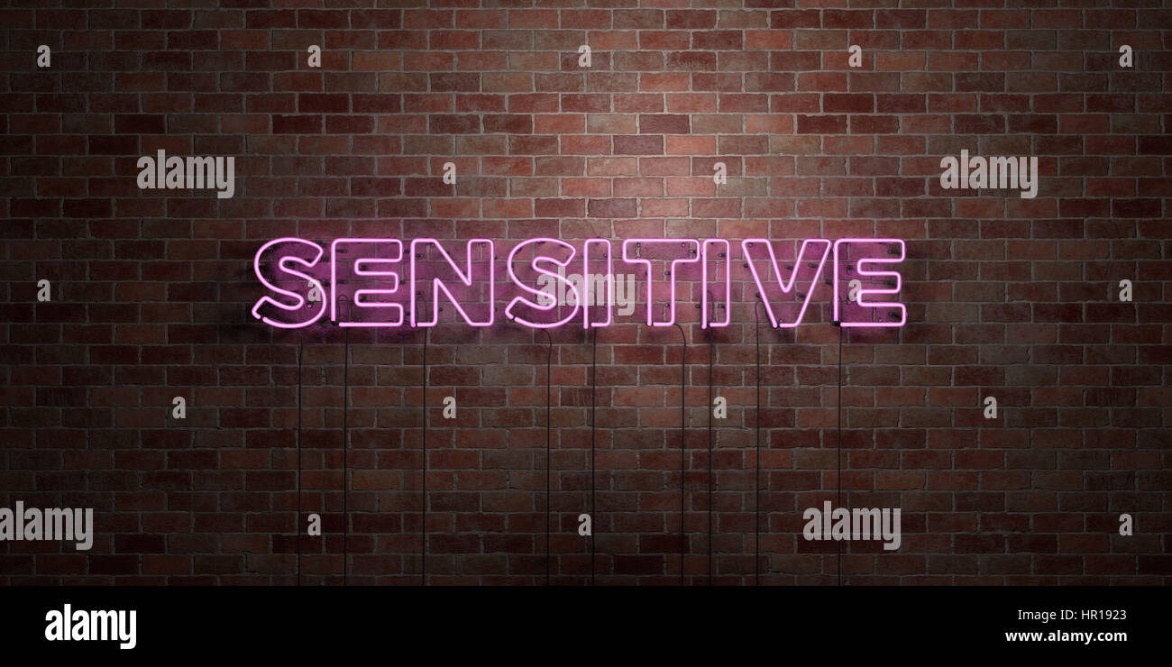 SENSITIVE - fluorescent Neon tube Sign on brickwork - Front view - 3D ...