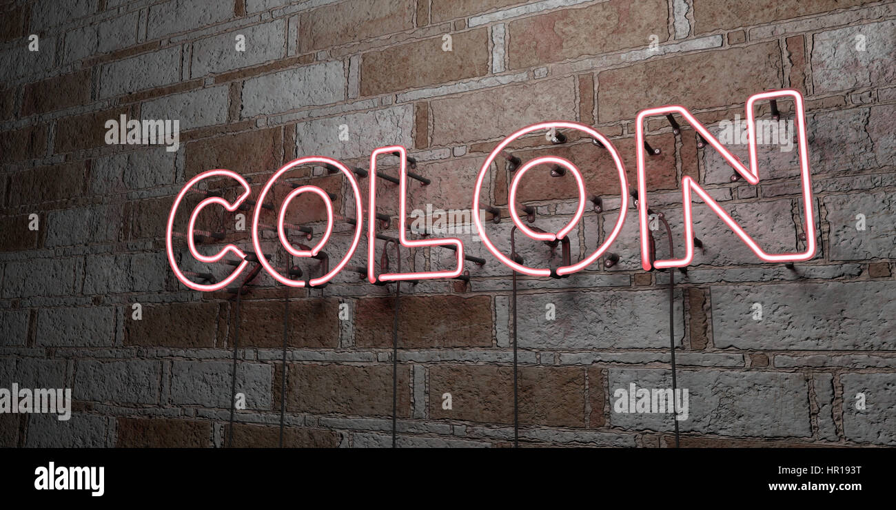 COLON - Glowing Neon Sign on stonework wall - 3D rendered royalty free ...