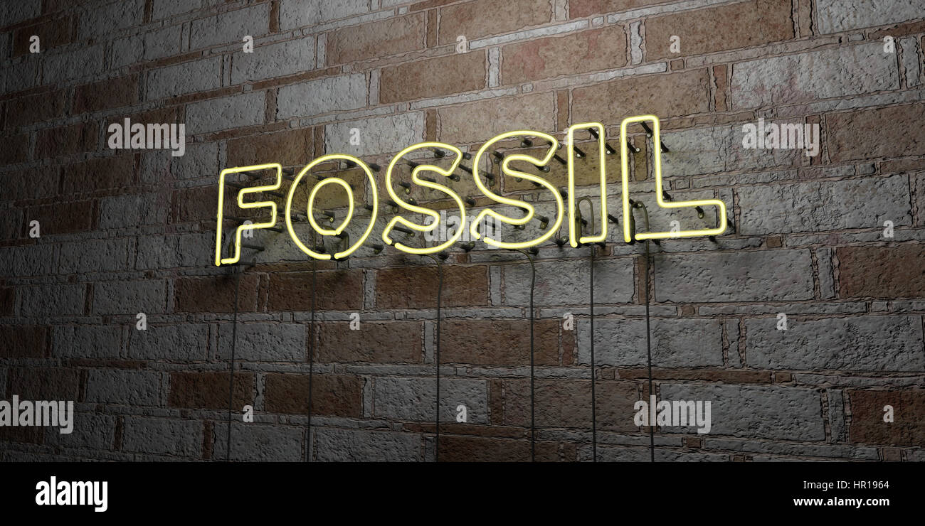 FOSSIL - Glowing Neon Sign on stonework wall - 3D rendered royalty free ...