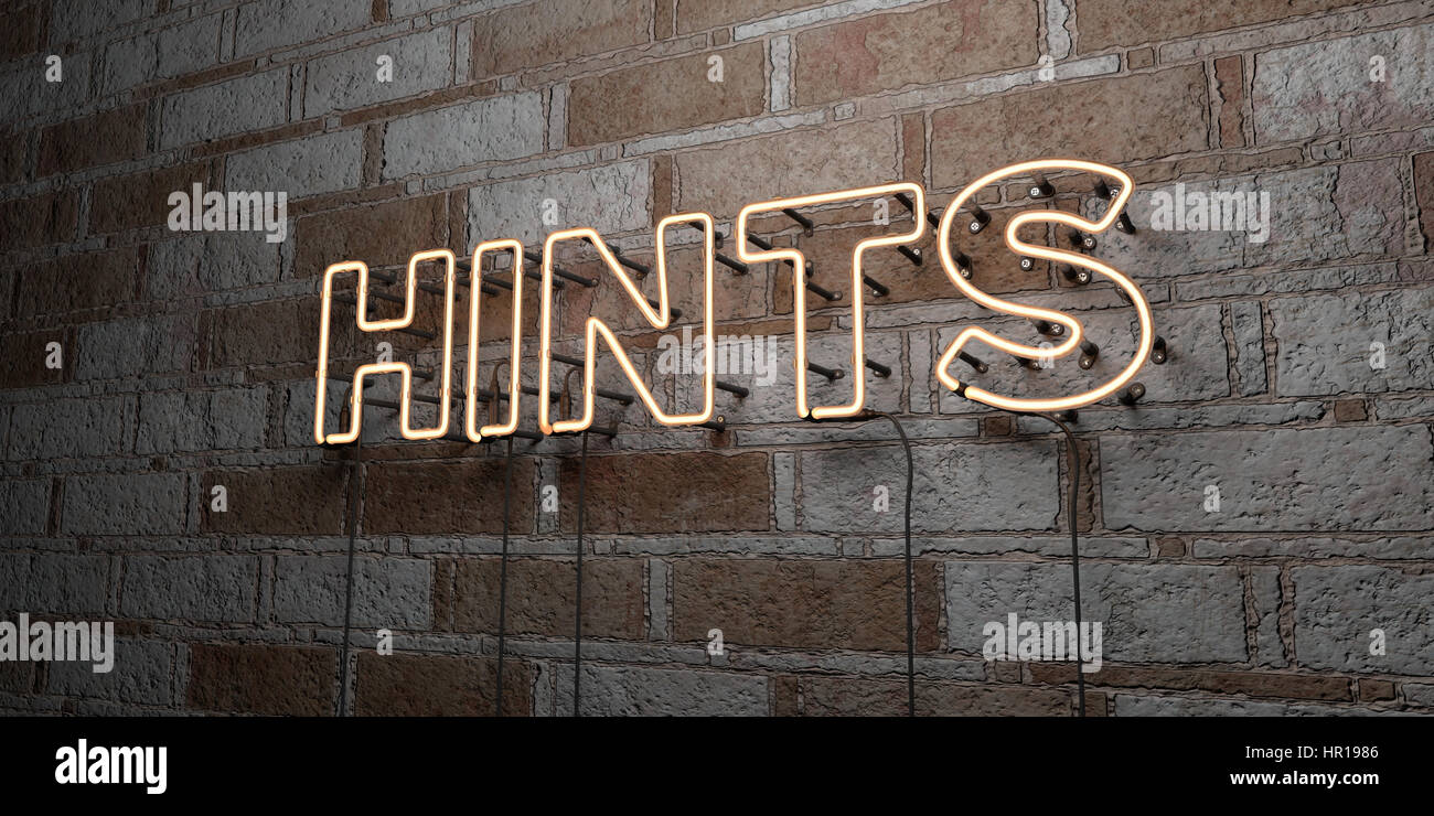 HINTS - Glowing Neon Sign on stonework wall - 3D rendered royalty free ...