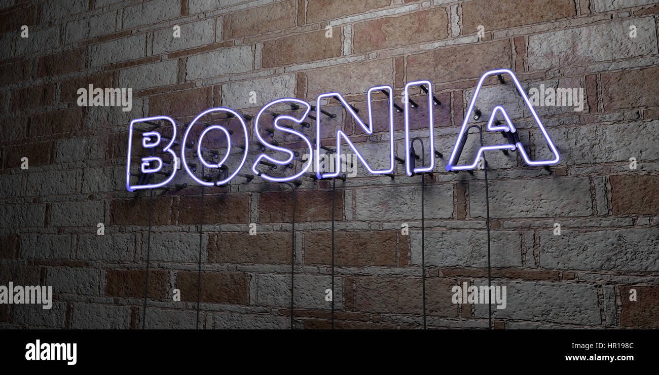 BOSNIA - Glowing Neon Sign on stonework wall - 3D rendered royalty free ...
