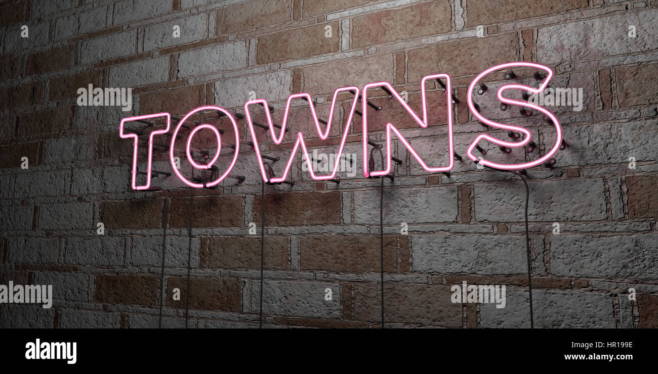 TOWNS - Glowing Neon Sign on stonework wall - 3D rendered royalty free ...