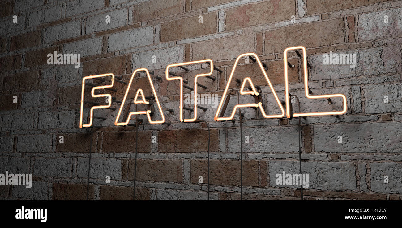 FATAL - Glowing Neon Sign on stonework wall - 3D rendered royalty free ...