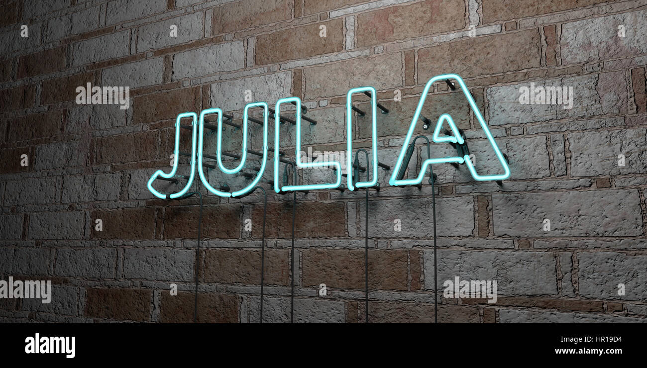 JULIA - Glowing Neon Sign on stonework wall - 3D rendered royalty free ...