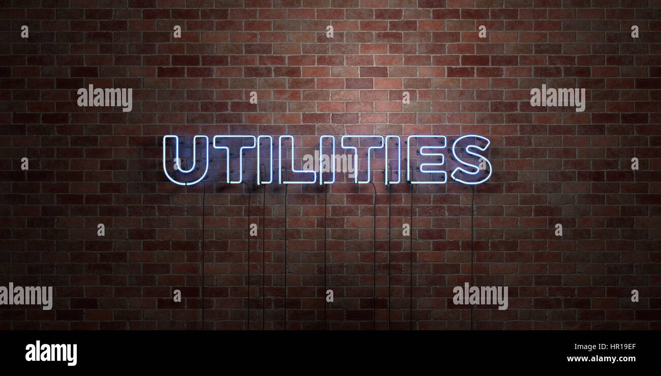 UTILITIES - fluorescent Neon tube Sign on brickwork - Front view - 3D ...