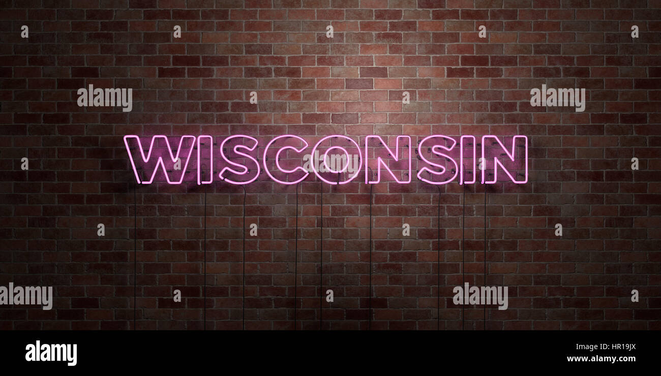 WISCONSIN - fluorescent Neon tube Sign on brickwork - Front view - 3D ...