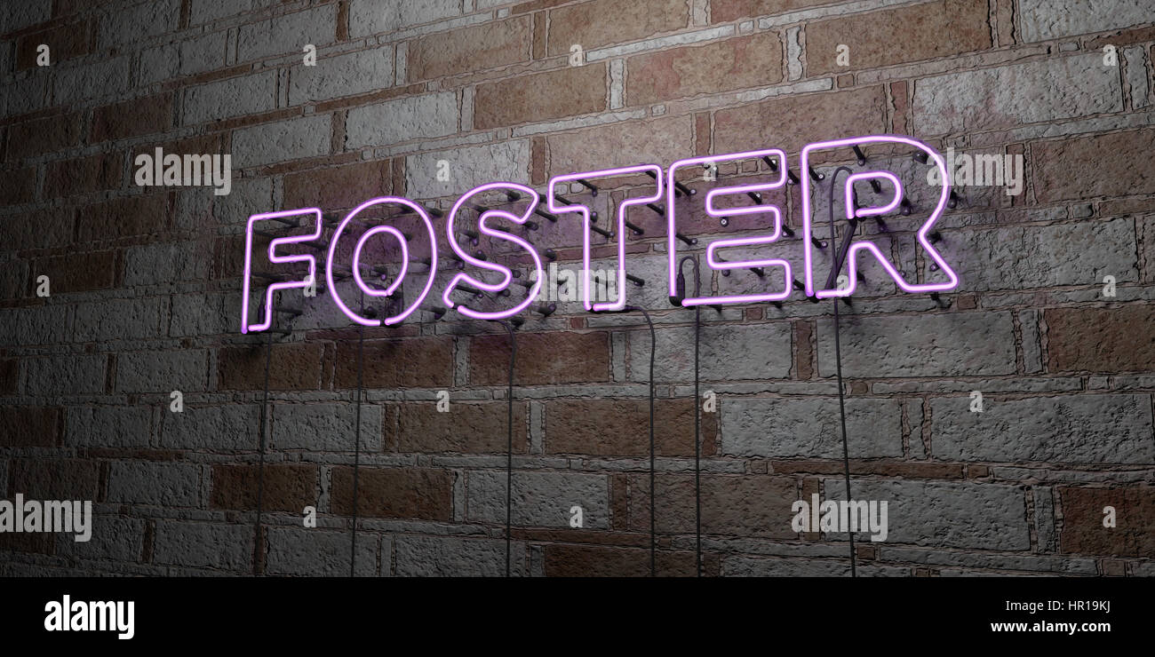 FOSTER - Glowing Neon Sign on stonework wall - 3D rendered royalty free ...