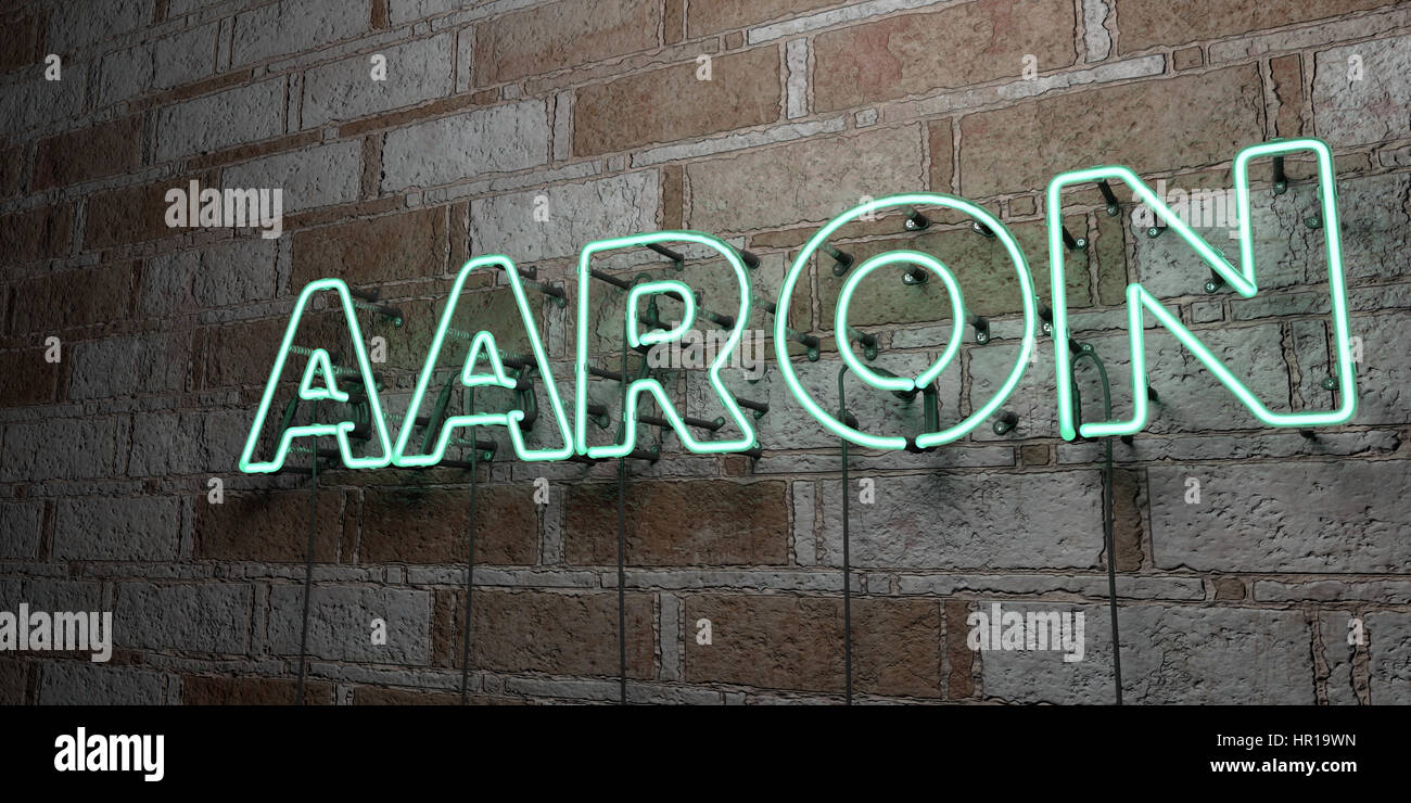 AARON - Glowing Neon Sign on stonework wall - 3D rendered royalty free ...