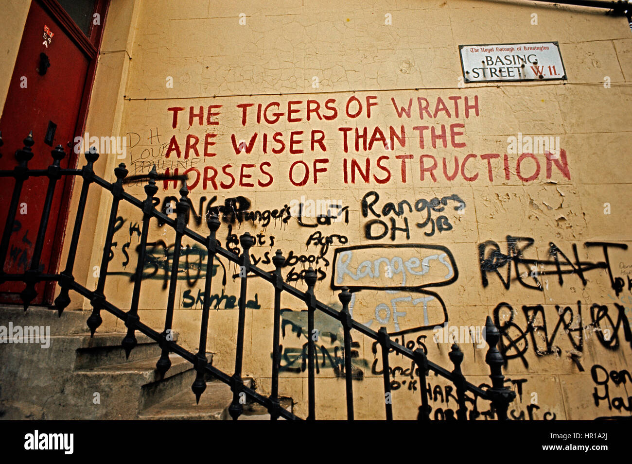 WILLIAM BLAKE 'TIGERS OF WRATH' GRAFFITI ON WALL IN NOTTING HILL, NORTH ...