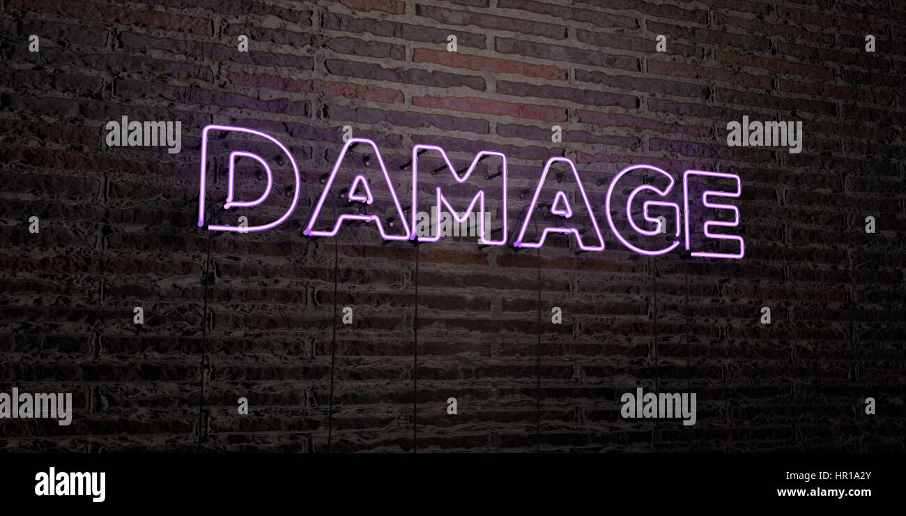 DAMAGE -Realistic Neon Sign on Brick Wall background - 3D rendered ...