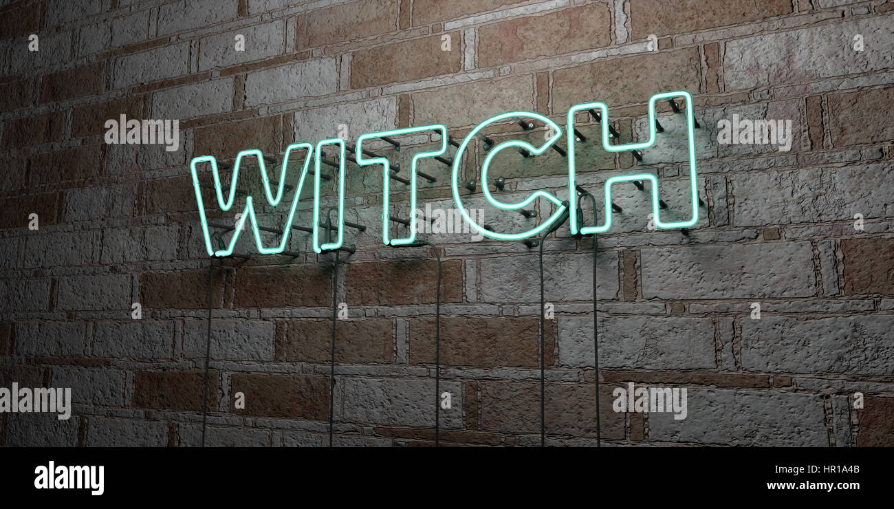 WITCH - Glowing Neon Sign on stonework wall - 3D rendered royalty free ...