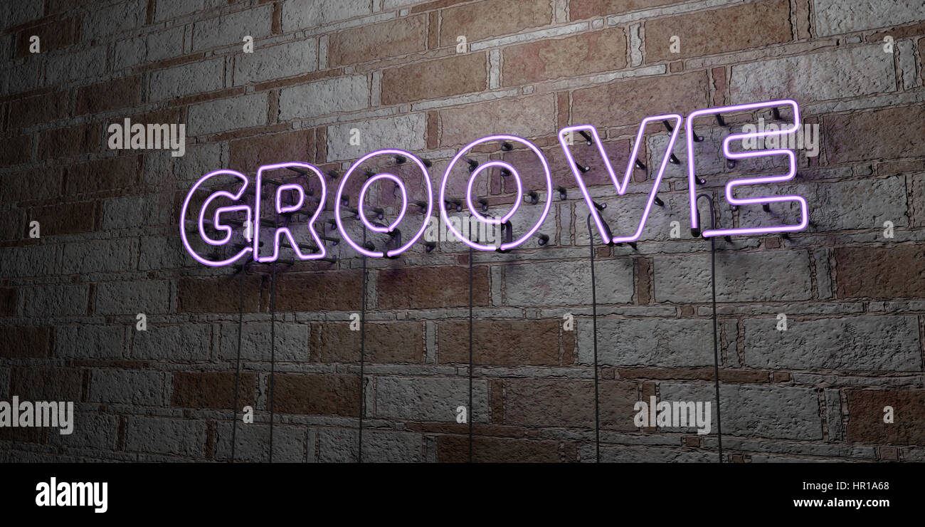 GROOVE - Glowing Neon Sign on stonework wall - 3D rendered royalty free ...