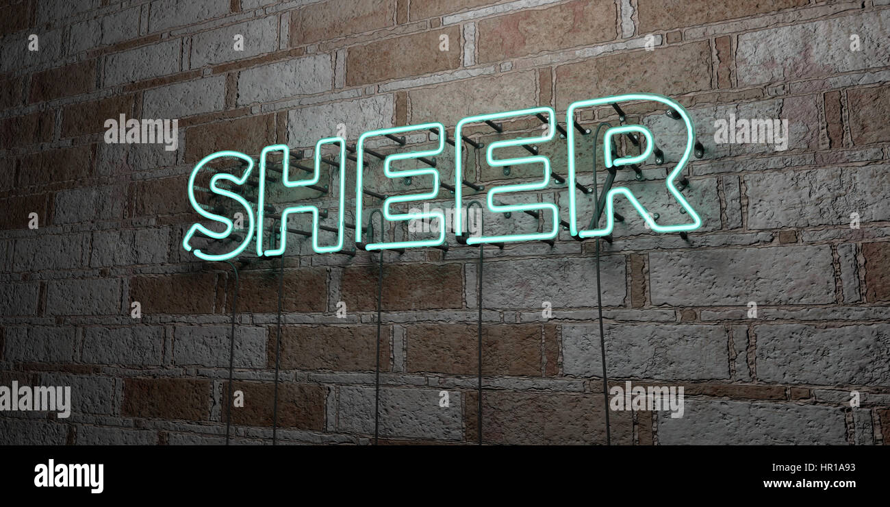 SHEER - Glowing Neon Sign on stonework wall - 3D rendered royalty free ...