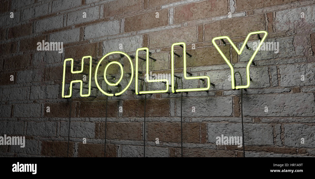 HOLLY - Glowing Neon Sign on stonework wall - 3D rendered royalty free ...