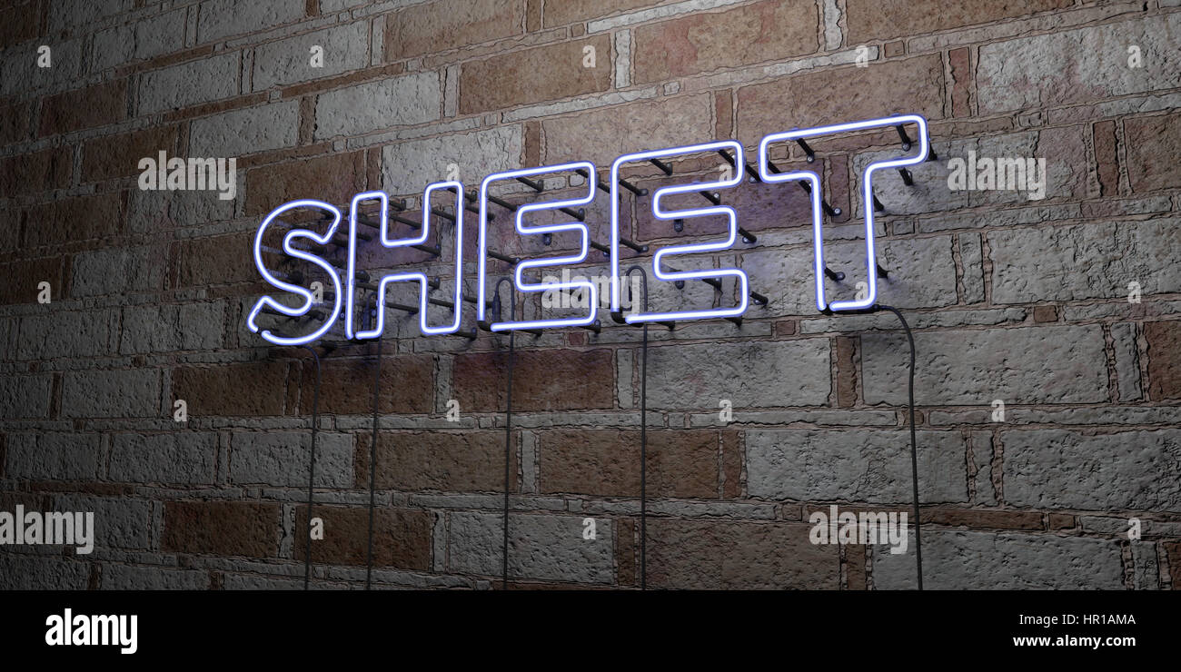 SHEET - Glowing Neon Sign on stonework wall - 3D rendered royalty free ...