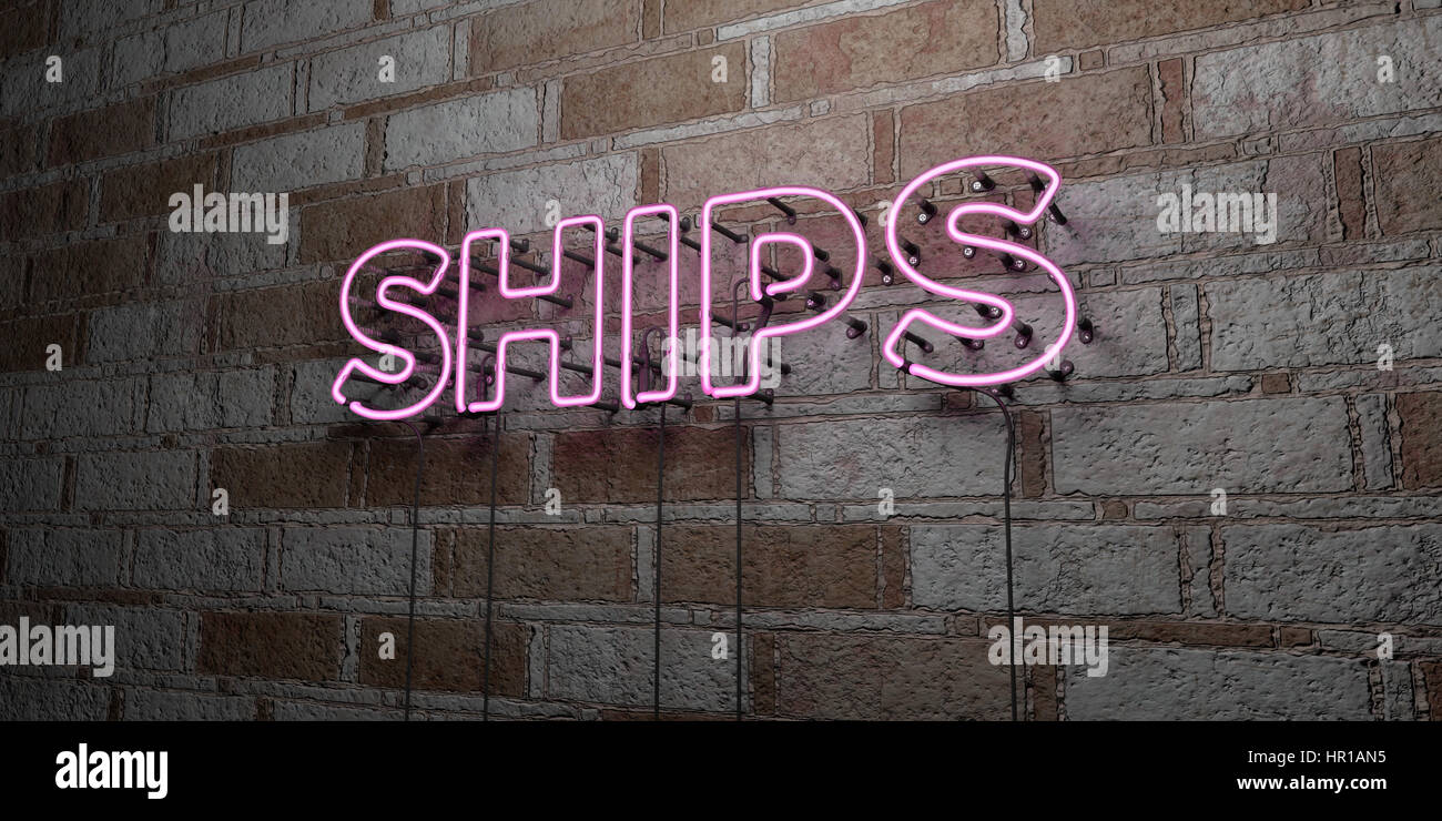 SHIPS - Glowing Neon Sign on stonework wall - 3D rendered royalty free ...