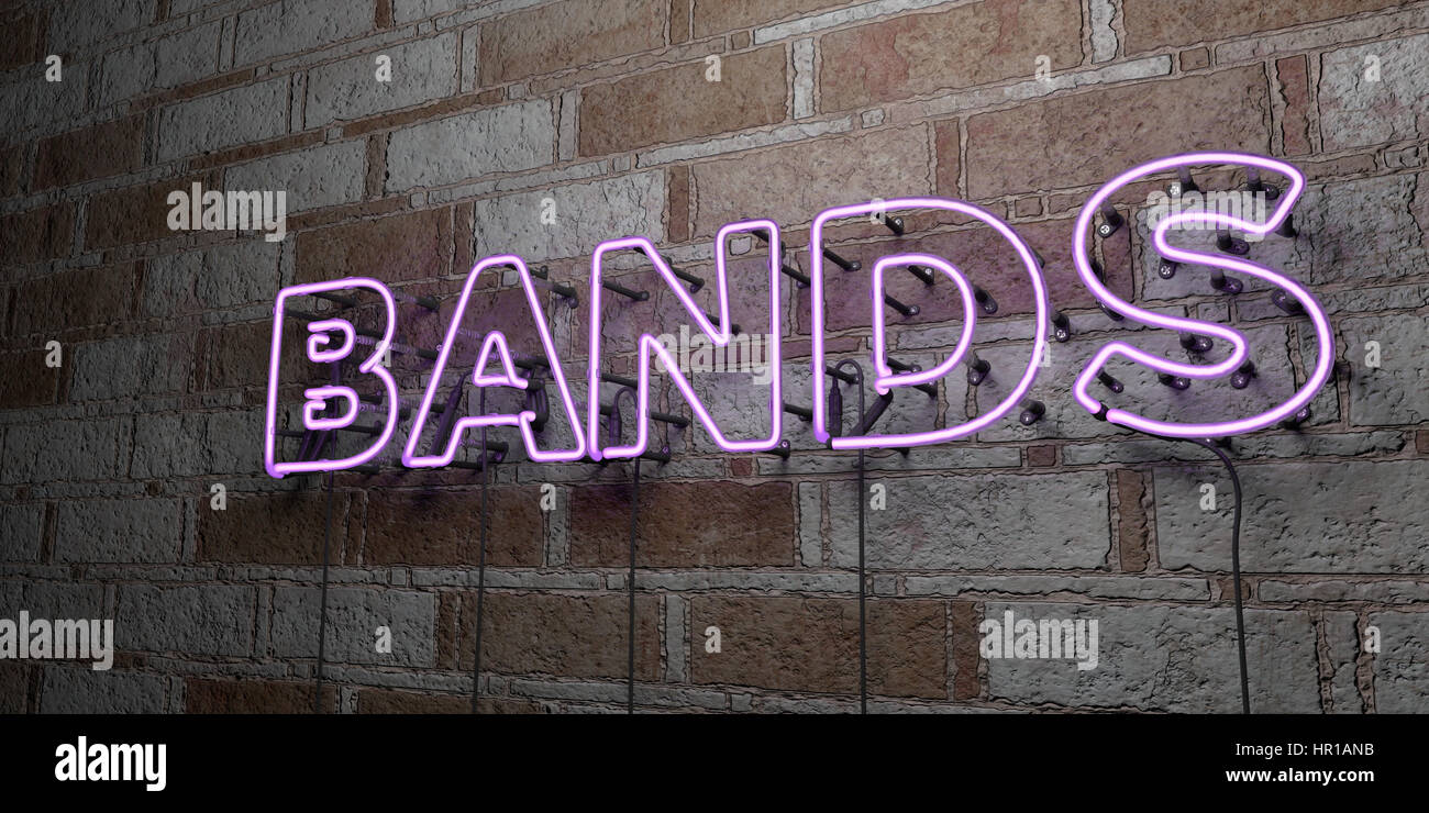 BANDS - Glowing Neon Sign on stonework wall - 3D rendered royalty free ...