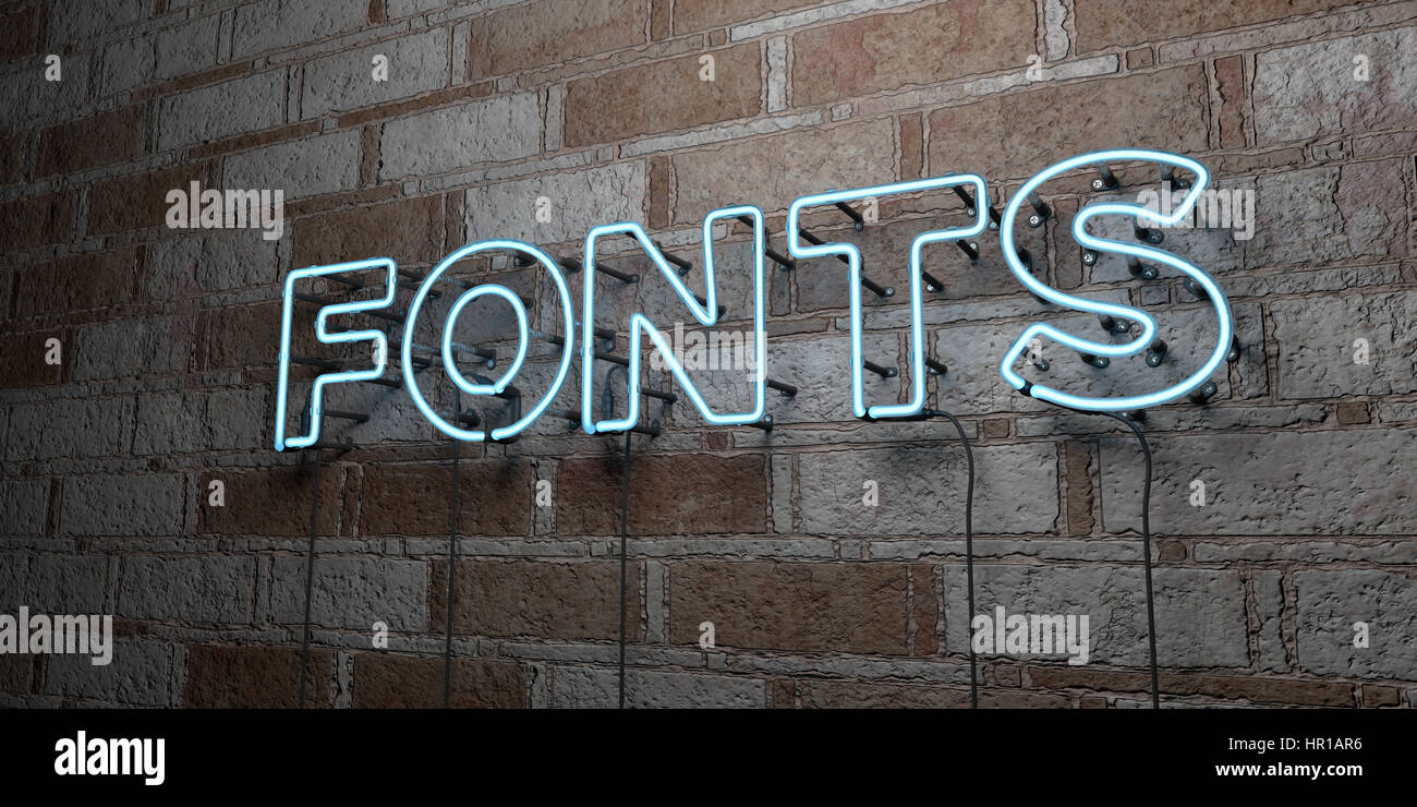FONTS - Glowing Neon Sign on stonework wall - 3D rendered royalty free ...