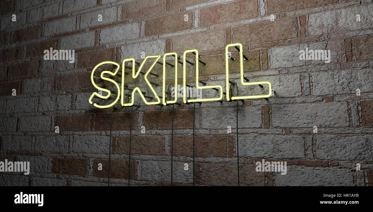 SKILL - Glowing Neon Sign on stonework wall - 3D rendered royalty free ...