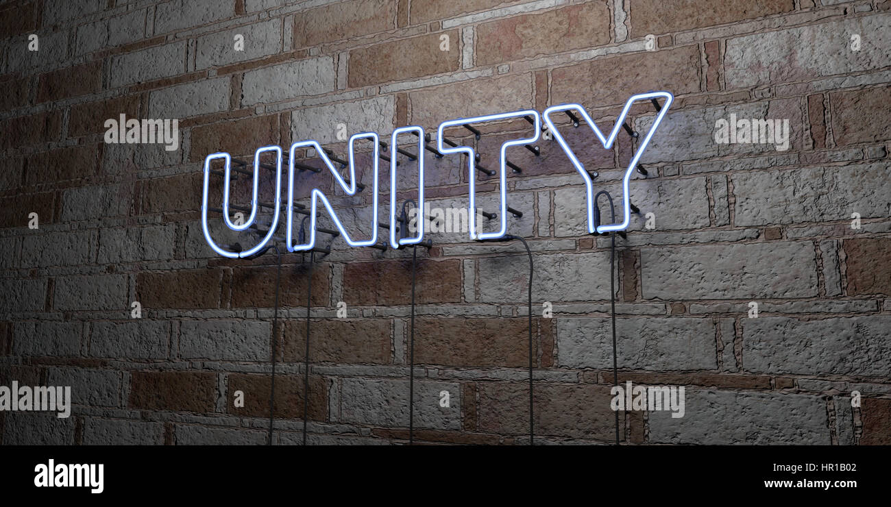 UNITY - Glowing Neon Sign on stonework wall - 3D rendered royalty free ...