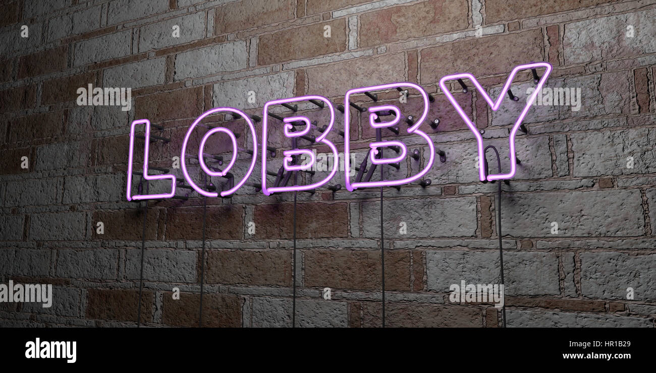 LOBBY - Glowing Neon Sign on stonework wall - 3D rendered royalty free ...