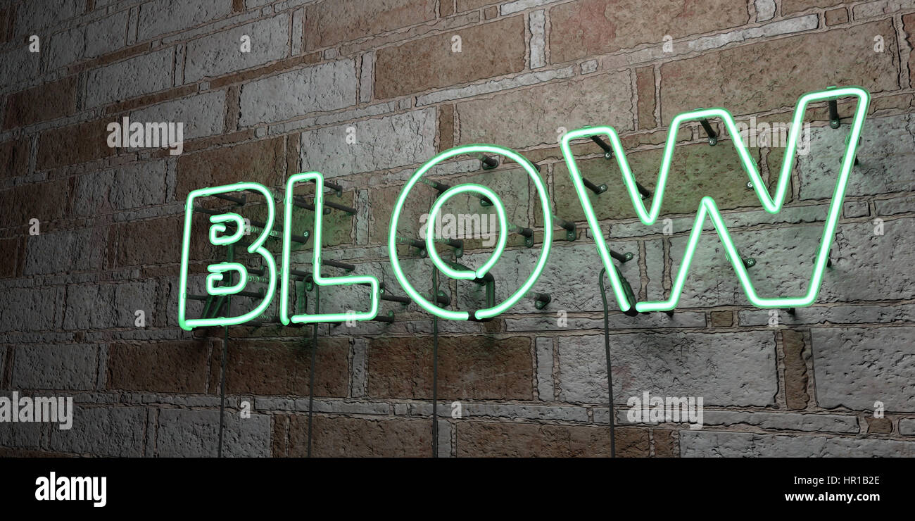 BLOW - Glowing Neon Sign on stonework wall - 3D rendered royalty free ...