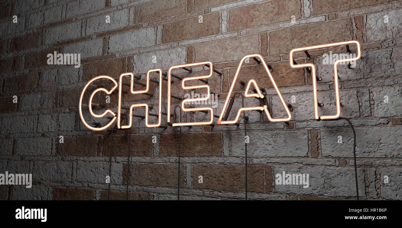 CHEAT - Glowing Neon Sign on stonework wall - 3D rendered royalty free ...
