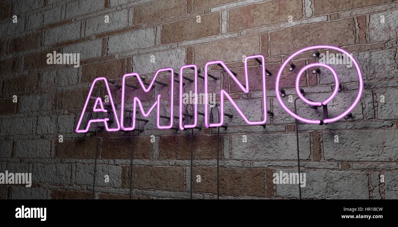 AMINO - Glowing Neon Sign on stonework wall - 3D rendered royalty free ...