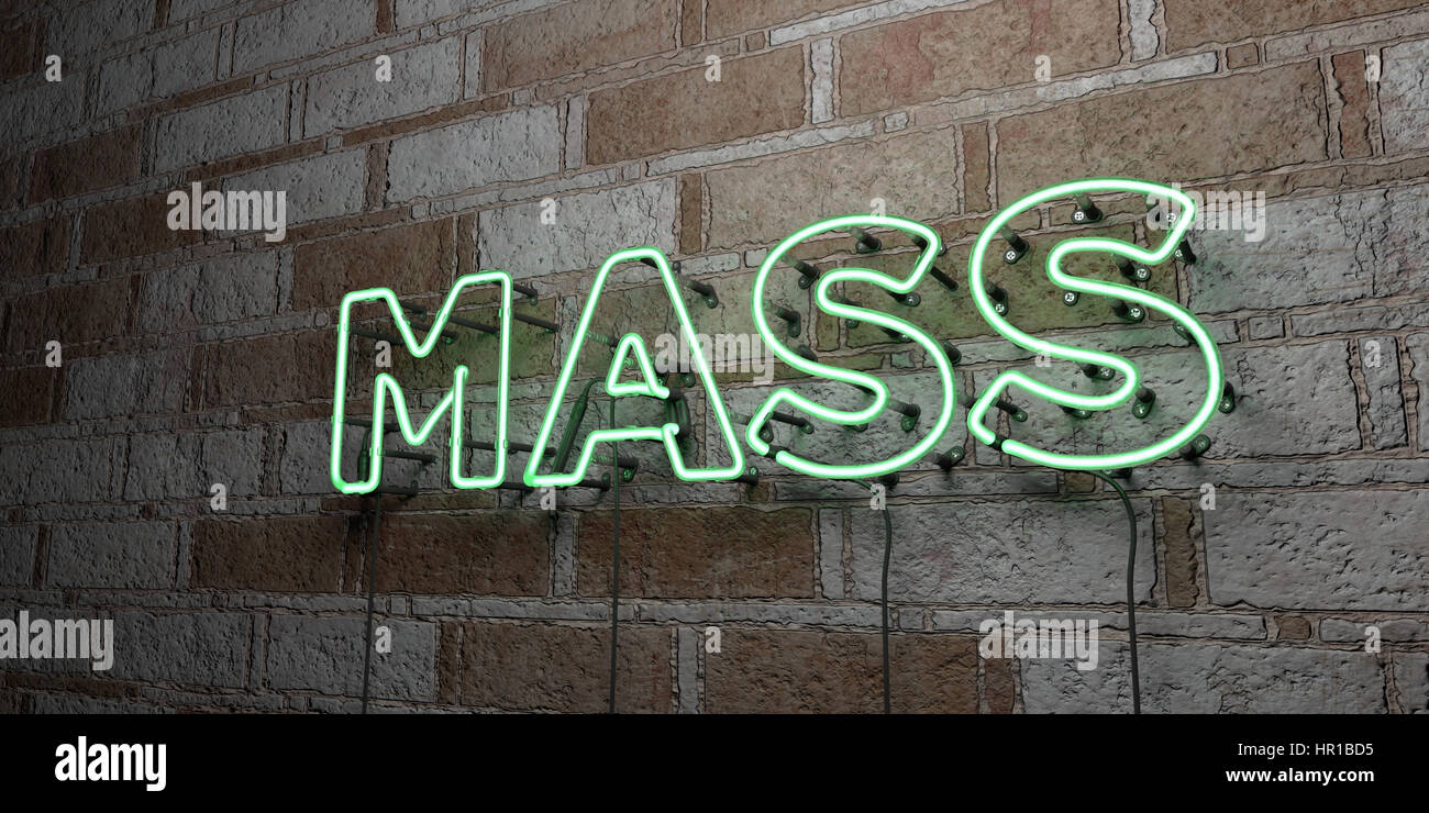 MASS - Glowing Neon Sign on stonework wall - 3D rendered royalty free ...