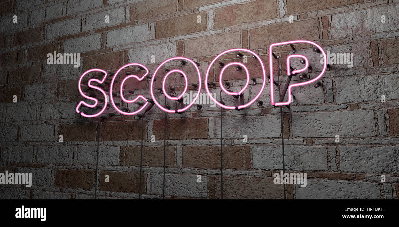 SCOOP - Glowing Neon Sign on stonework wall - 3D rendered royalty free ...
