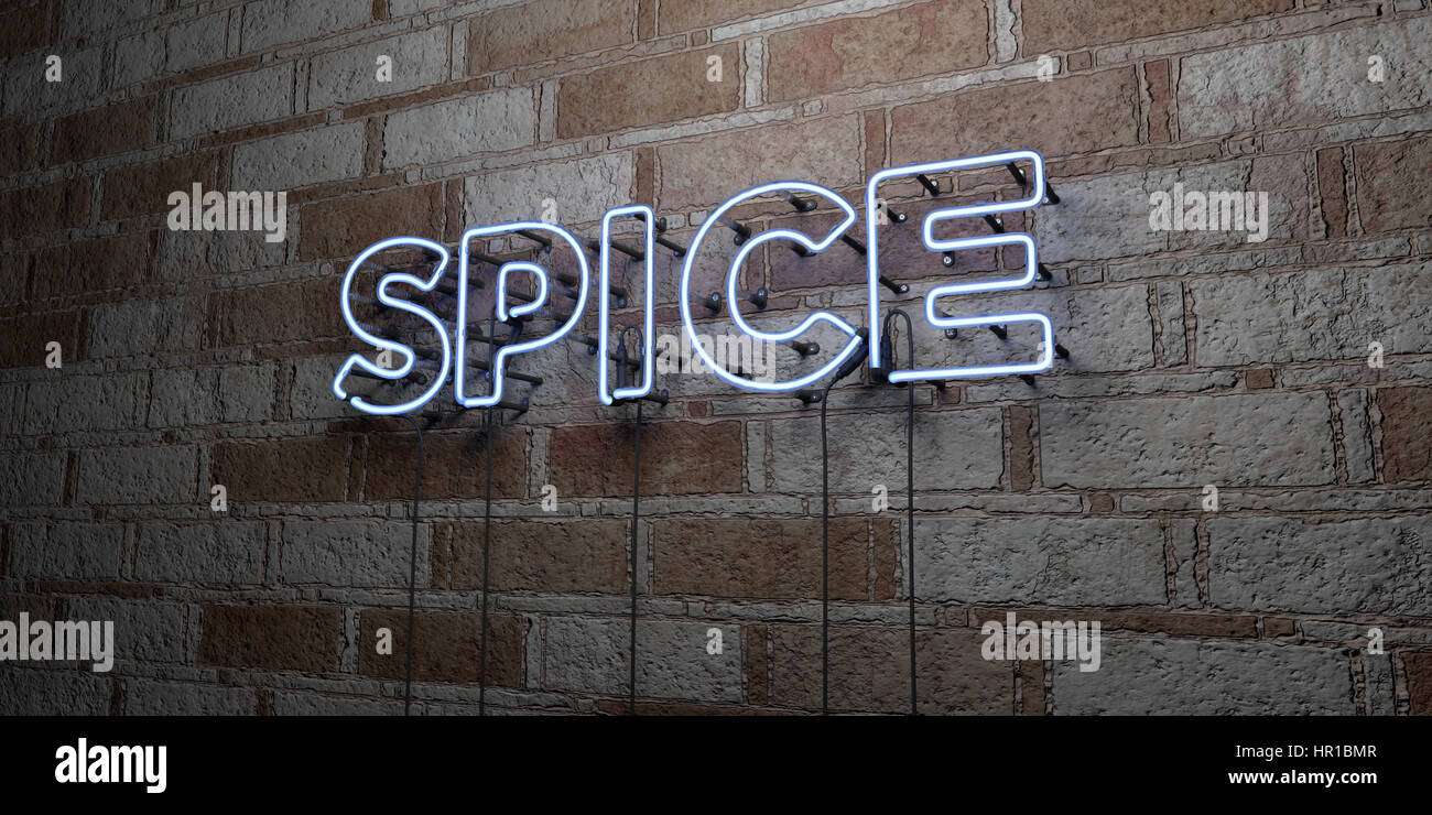 SPICE - Glowing Neon Sign on stonework wall - 3D rendered royalty free ...