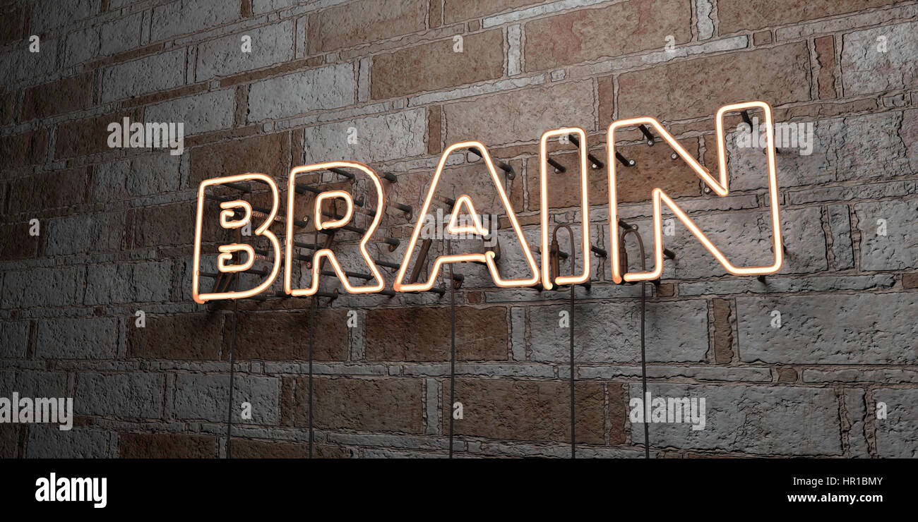 BRAIN - Glowing Neon Sign on stonework wall - 3D rendered royalty free ...