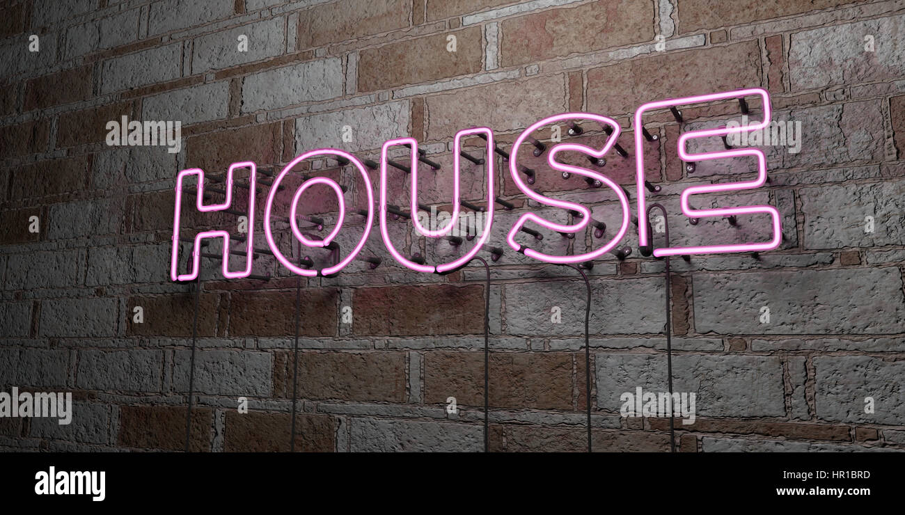 HOUSE - Glowing Neon Sign on stonework wall - 3D rendered royalty free ...
