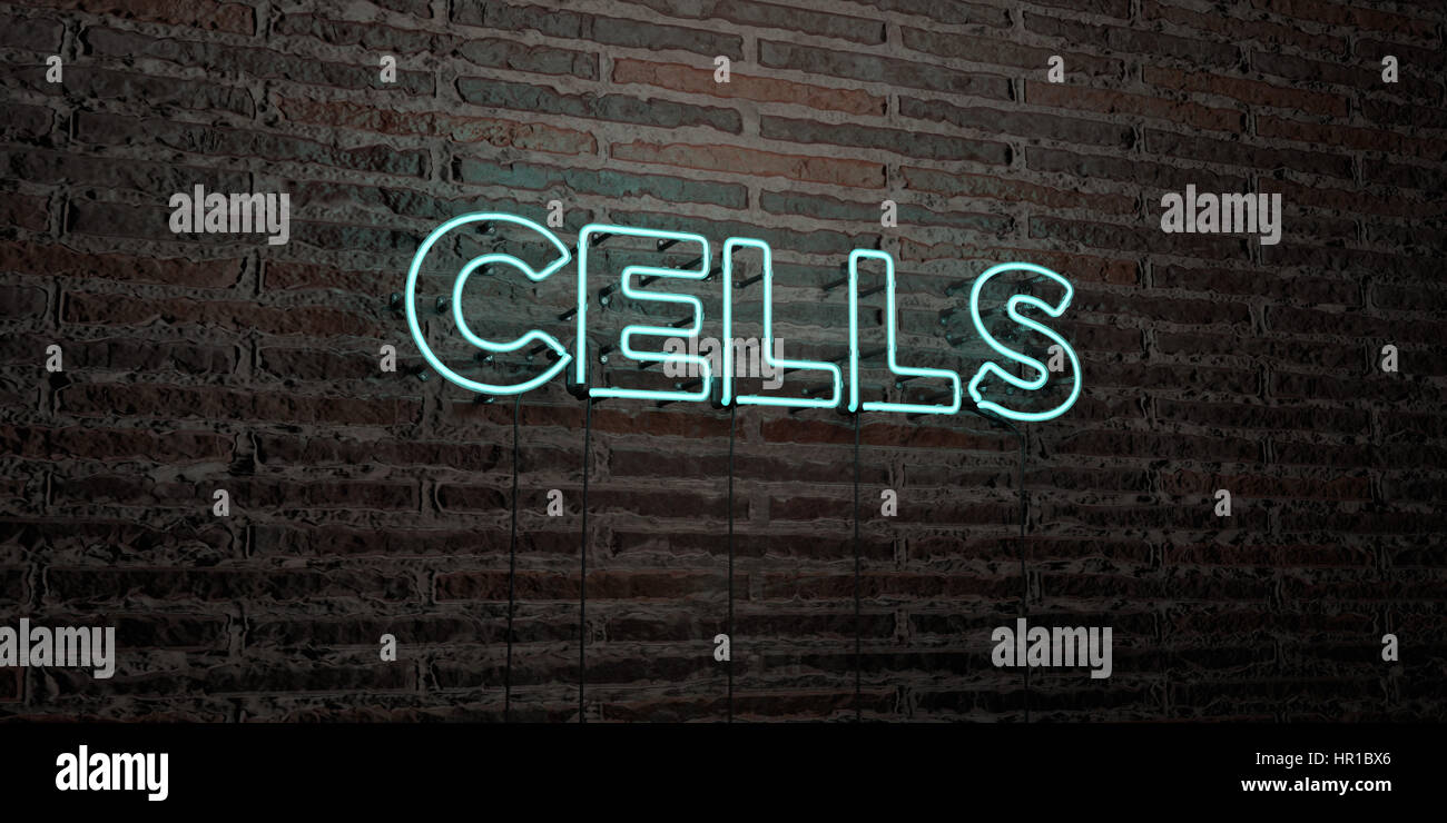 CELLS -Realistic Neon Sign on Brick Wall background - 3D rendered ...