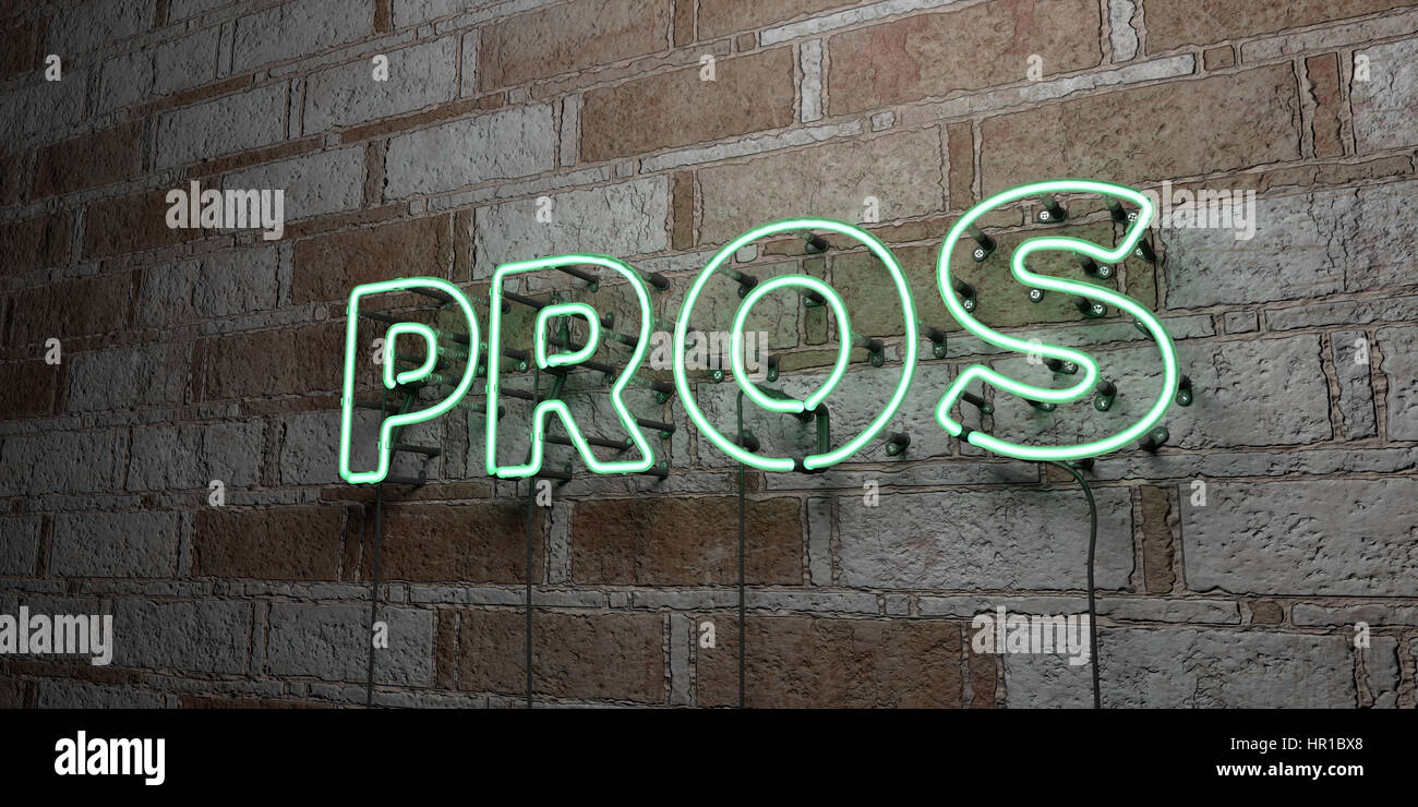 PROS - Glowing Neon Sign on stonework wall - 3D rendered royalty free ...