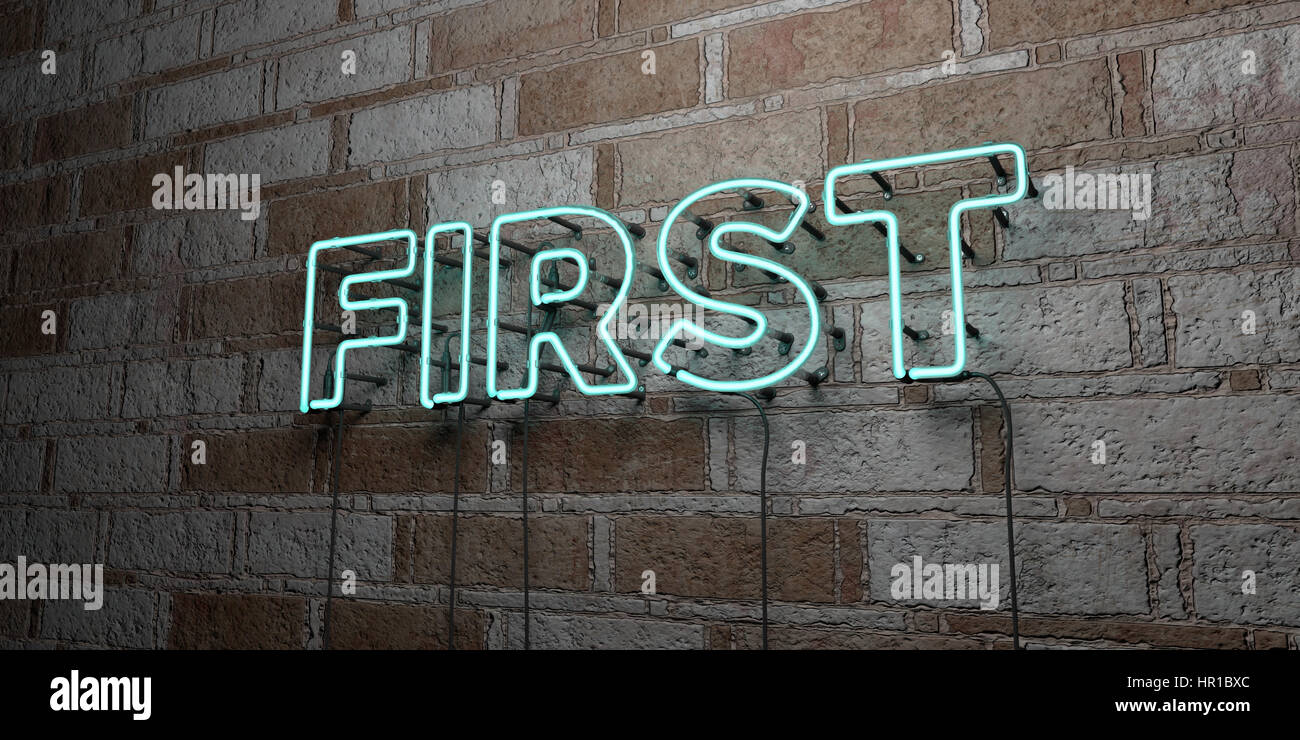 FIRST - Glowing Neon Sign on stonework wall - 3D rendered royalty free ...