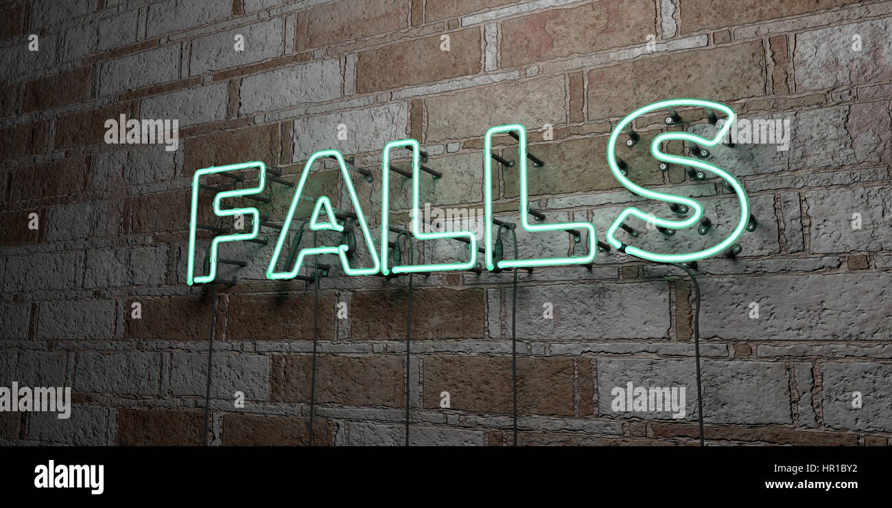FALLS - Glowing Neon Sign on stonework wall - 3D rendered royalty free ...