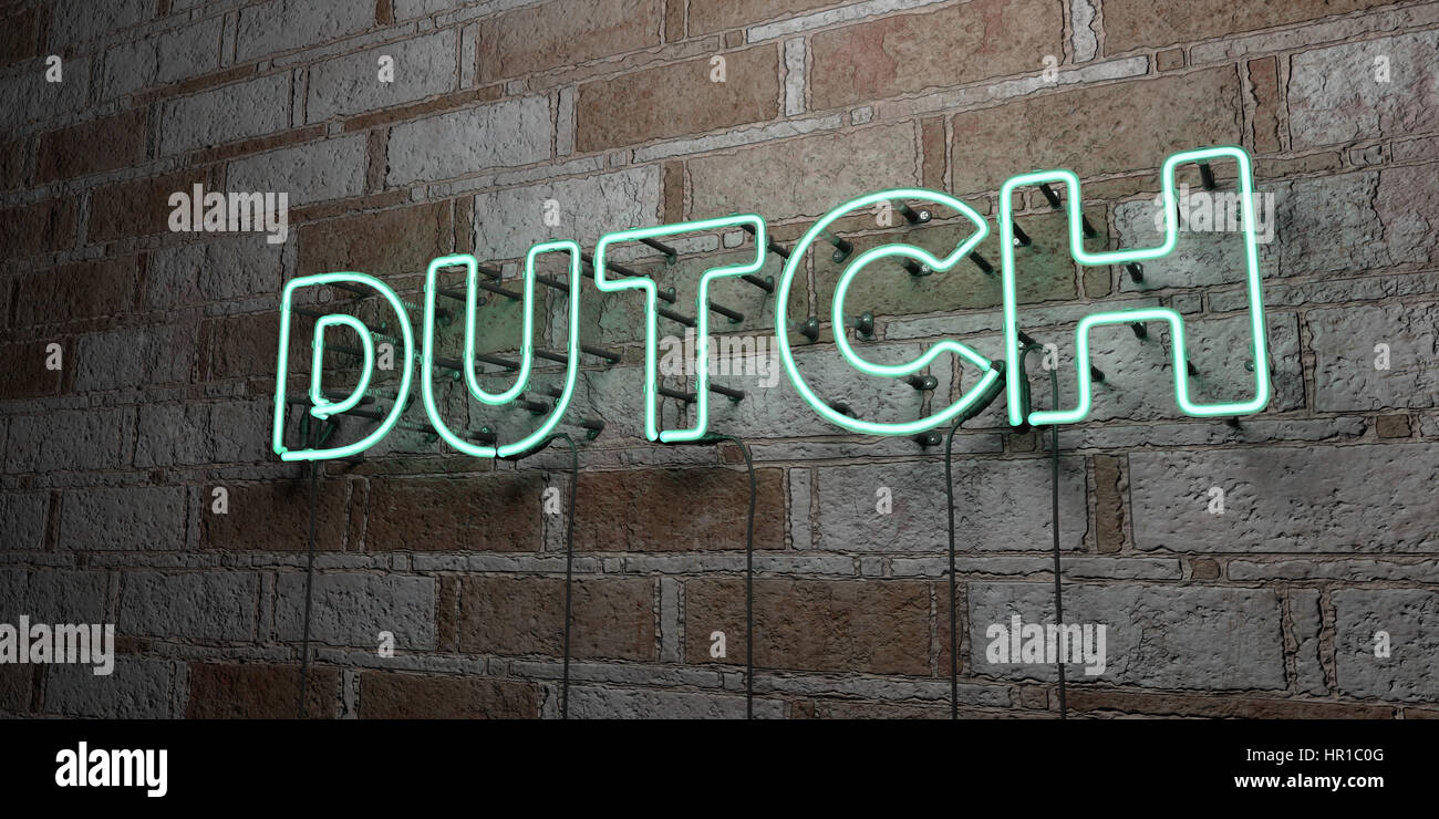 DUTCH - Glowing Neon Sign on stonework wall - 3D rendered royalty free ...