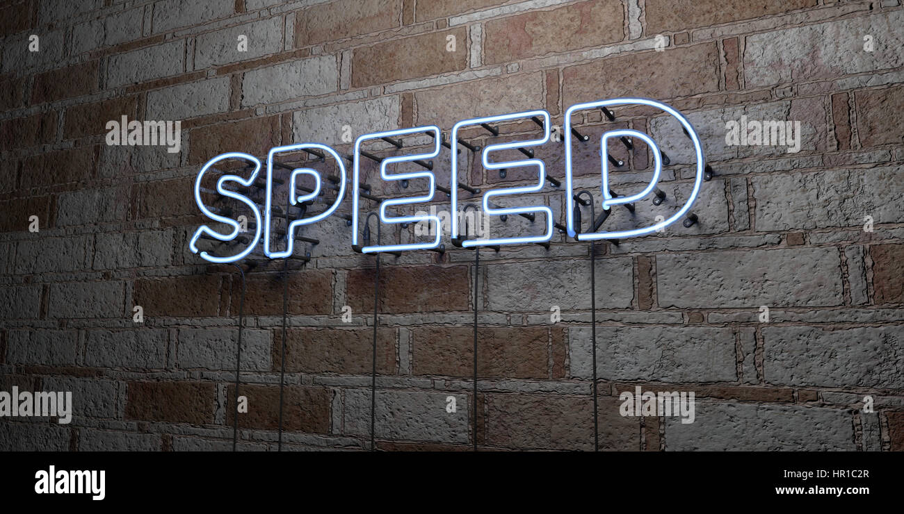 SPEED - Glowing Neon Sign on stonework wall - 3D rendered royalty free ...