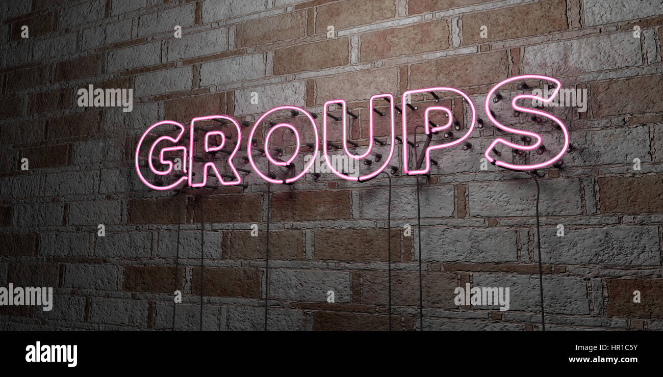 GROUPS - Glowing Neon Sign on stonework wall - 3D rendered royalty free ...