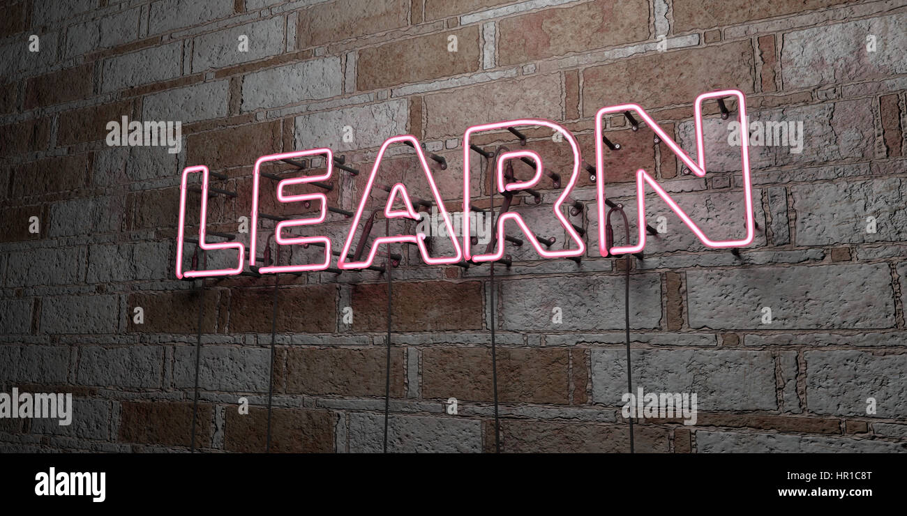 LEARN - Glowing Neon Sign on stonework wall - 3D rendered royalty free ...