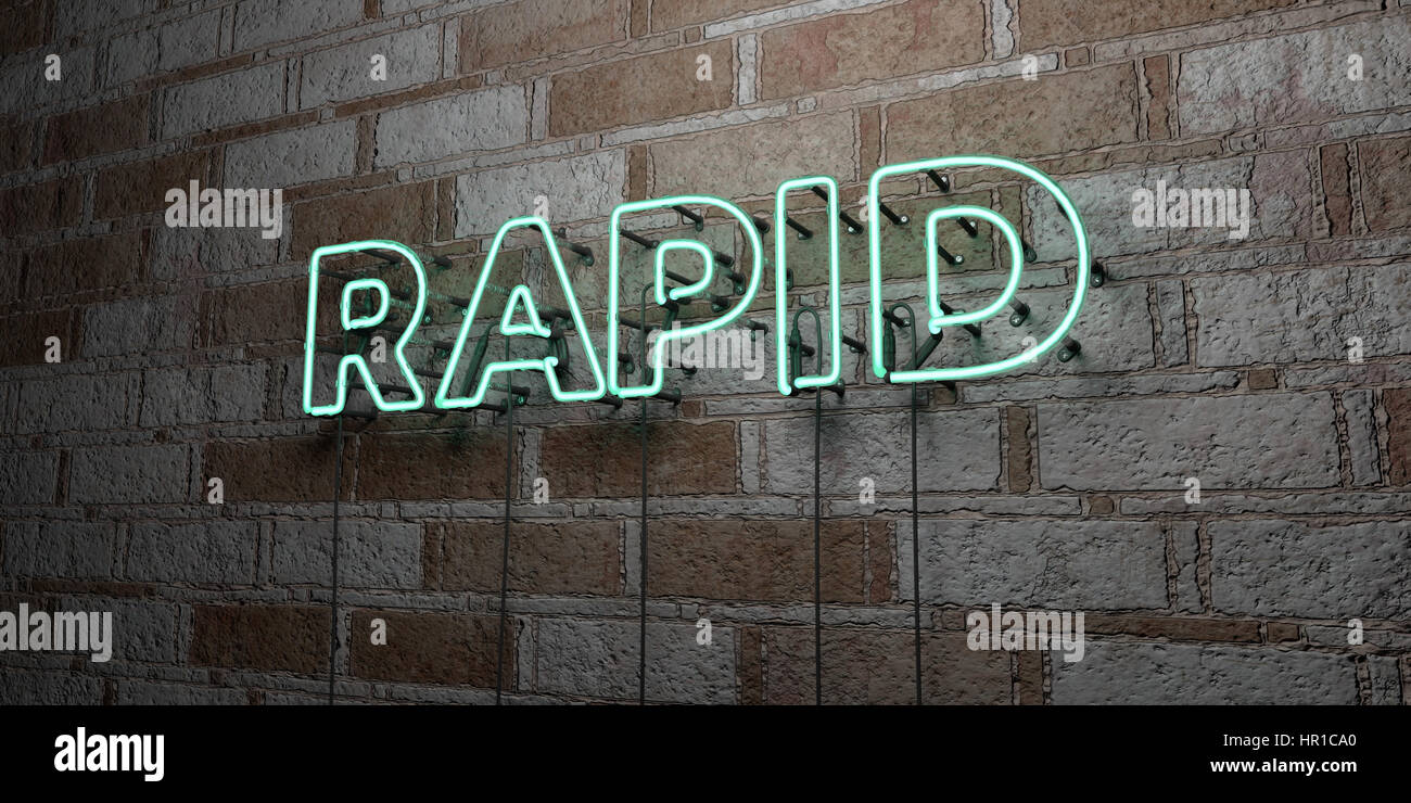 RAPID - Glowing Neon Sign on stonework wall - 3D rendered royalty free ...
