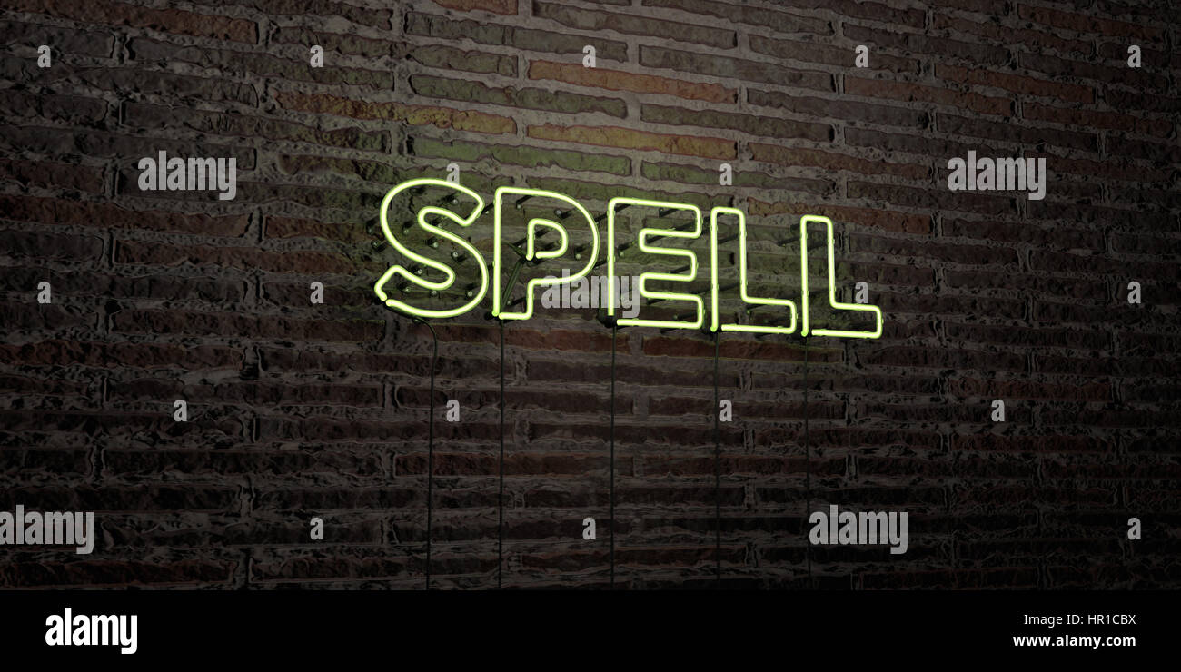 SPELL -Realistic Neon Sign on Brick Wall background - 3D rendered ...