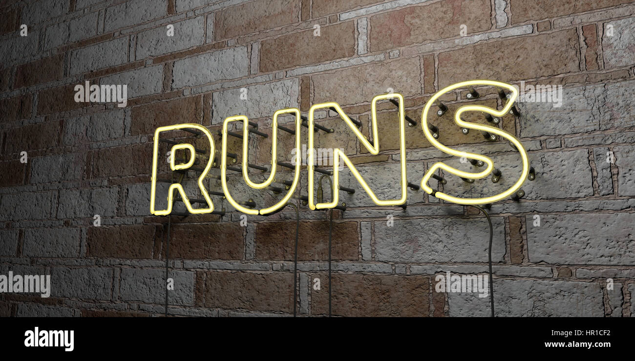 RUNS - Glowing Neon Sign on stonework wall - 3D rendered royalty free ...