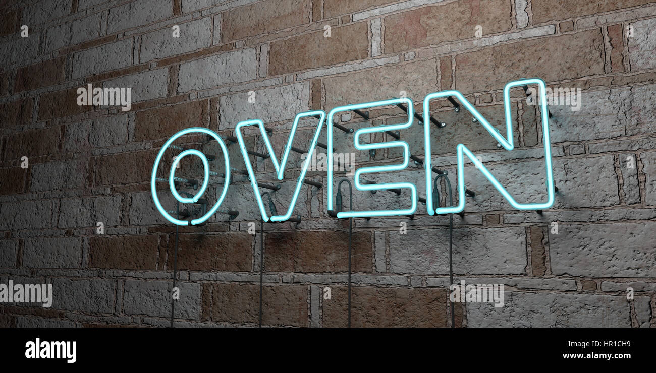 OVEN - Glowing Neon Sign on stonework wall - 3D rendered royalty free ...