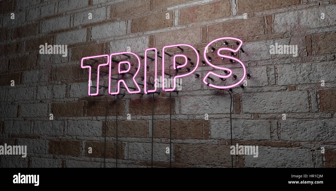 TRIPS - Glowing Neon Sign on stonework wall - 3D rendered royalty free ...