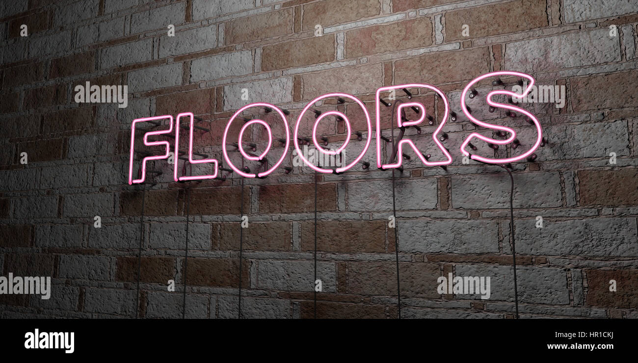 FLOORS - Glowing Neon Sign on stonework wall - 3D rendered royalty free ...