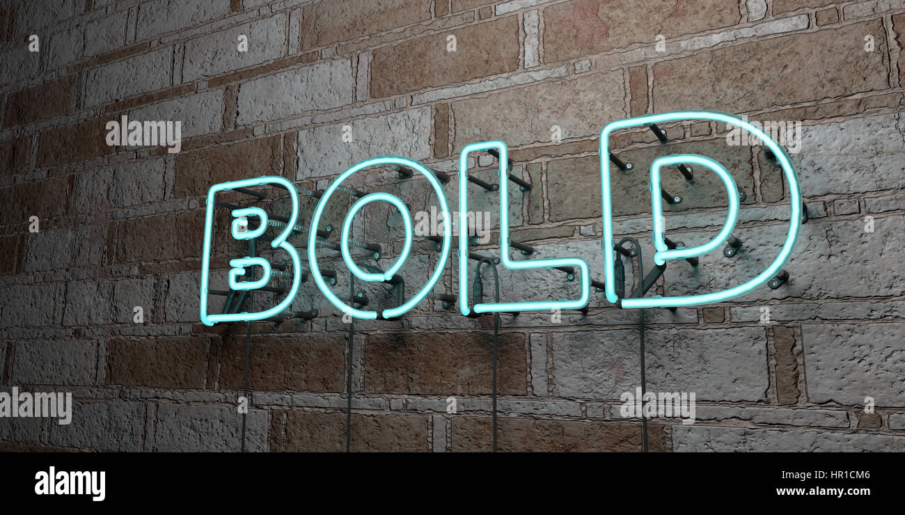 BOLD - Glowing Neon Sign on stonework wall - 3D rendered royalty free ...