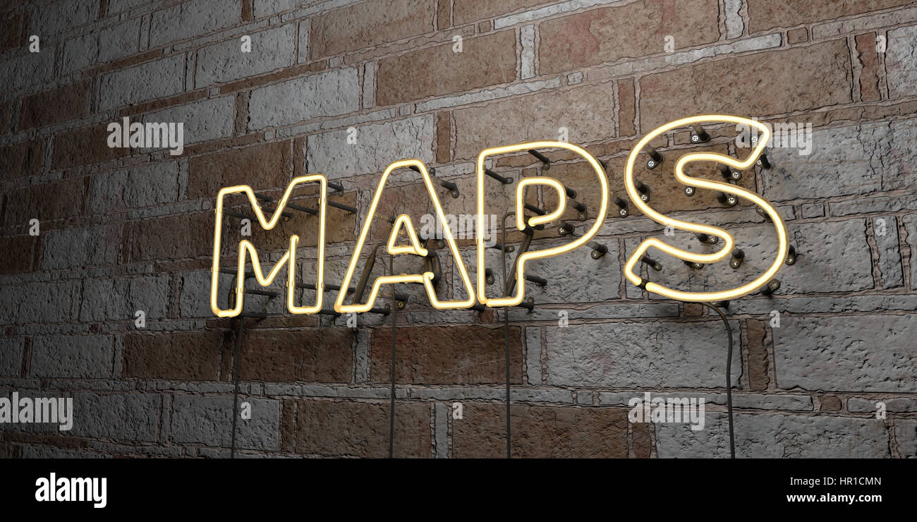 MAPS - Glowing Neon Sign on stonework wall - 3D rendered royalty free ...